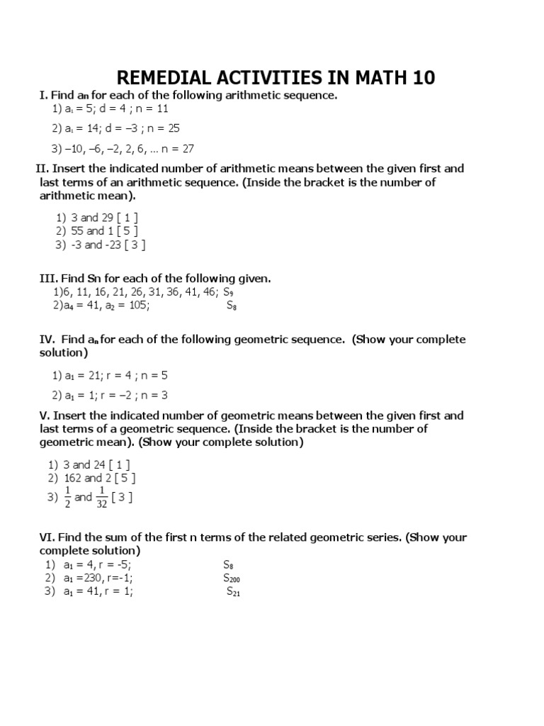 Remedial Activities in Math 10 | PDF