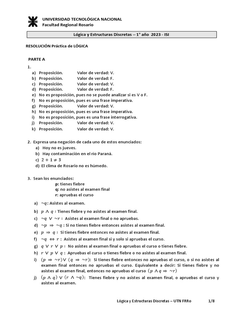Resolución - Práctica Lógica | PDF | Proposición | Verdad