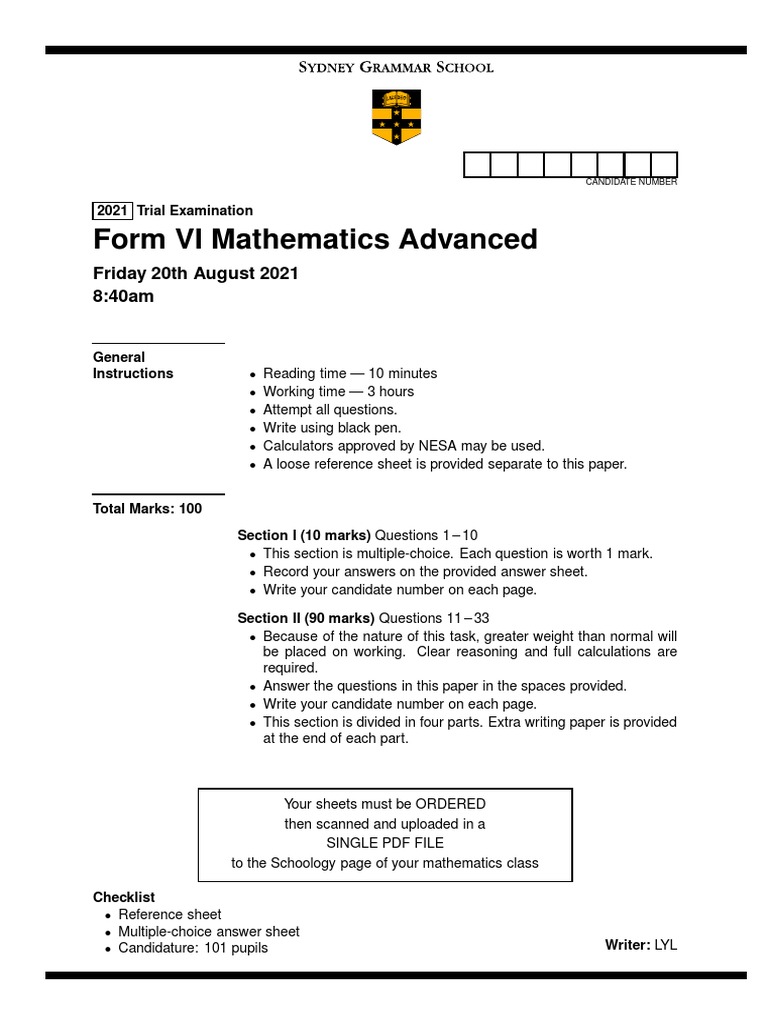 Sydney Grammar 2021 Math Adv Trials | Download grátis PDF | Multiple ...