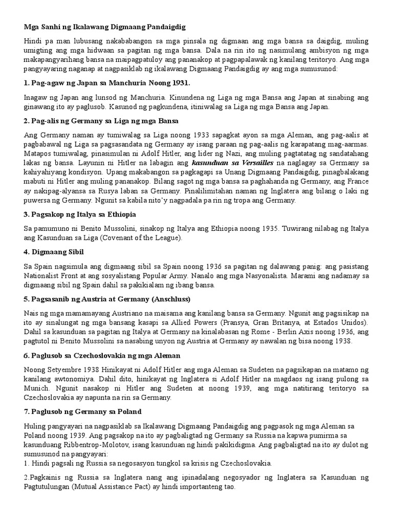 Mga Sanhi NG Ikalawang Digmaang Pandaigdig | PDF