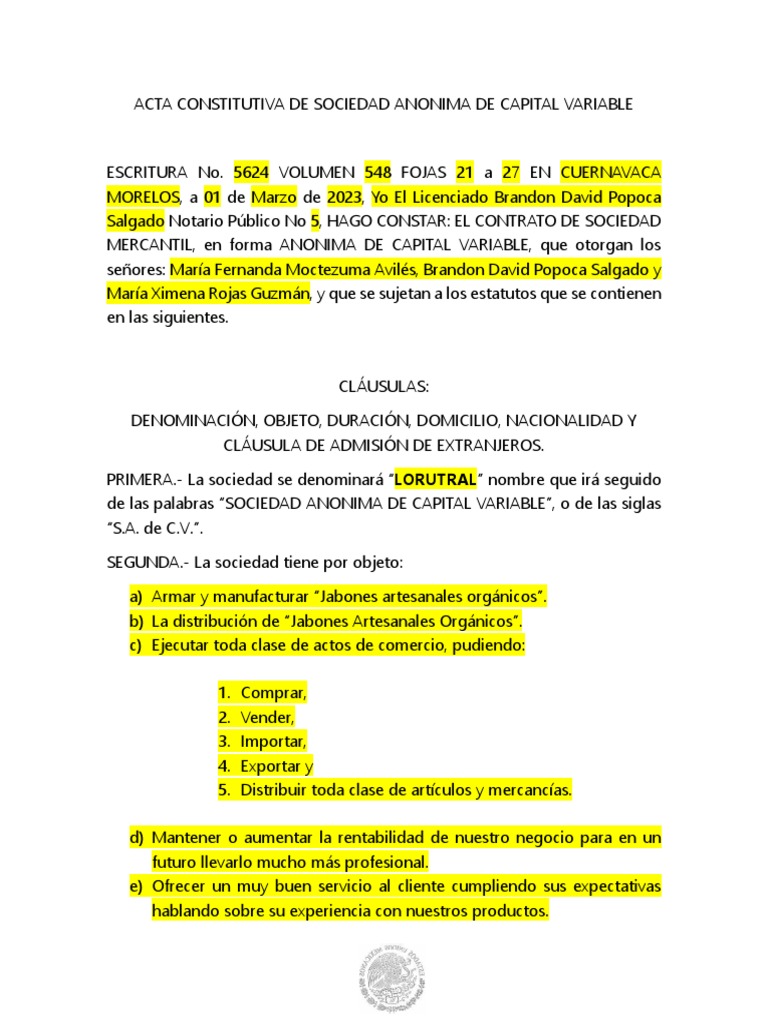 Acta Constitutiva de Sociedad Anonima de Capital Variable | PDF | Sociedad de responsabilidad ...