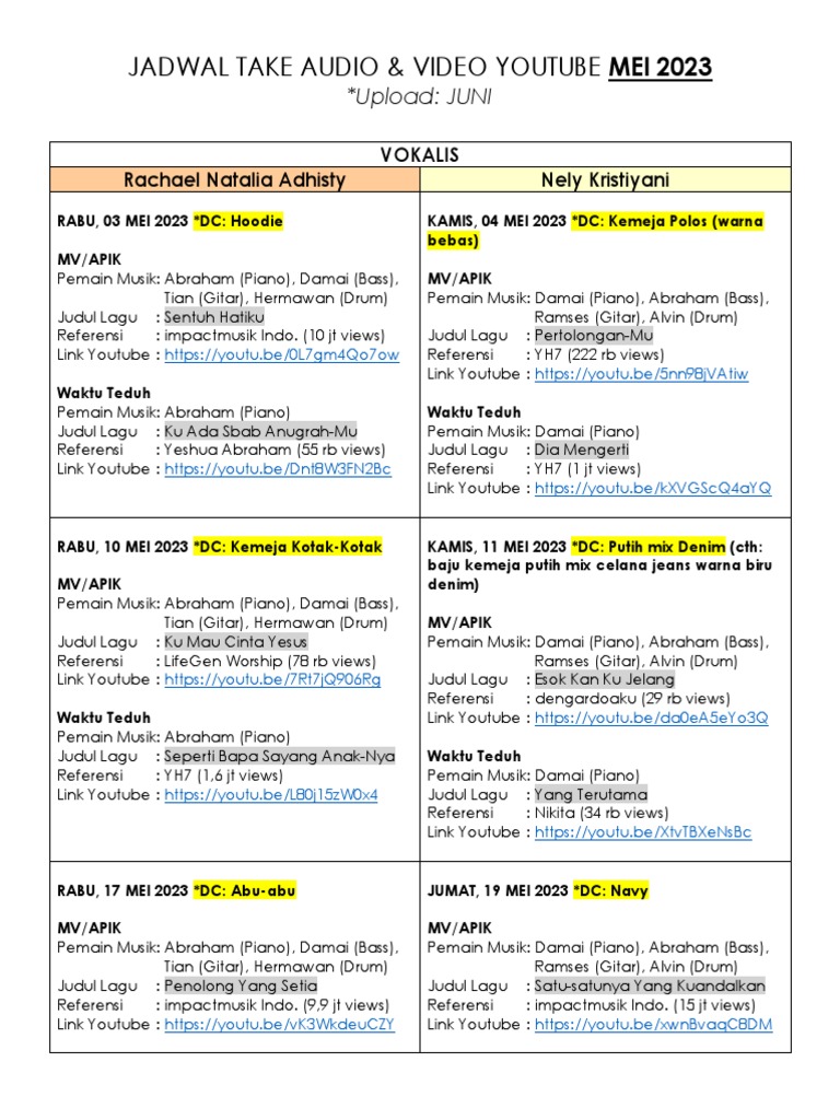 Jadwal Take Audio & Video (Mei 2023) | PDF