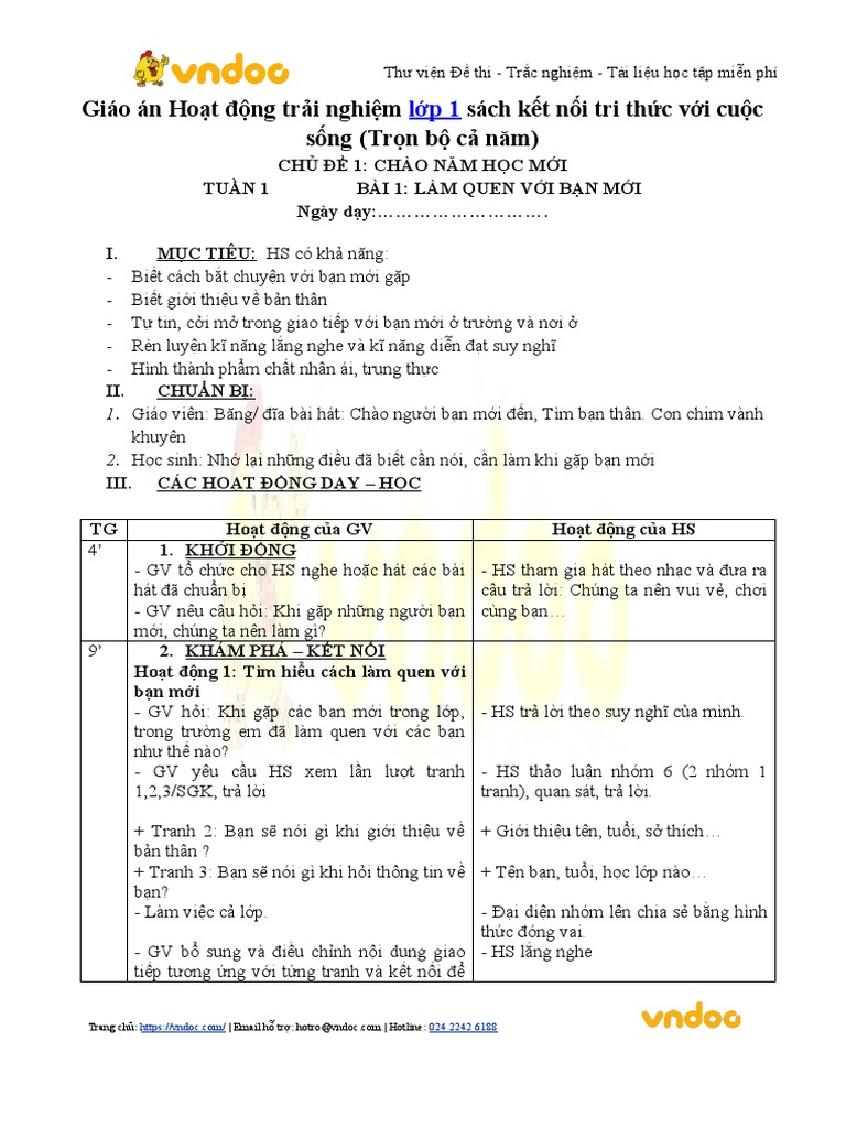 Giao an Hoat Dong Trai Nghiem Lop 1 Sach Ket Noi Tri Thuc Voi Cuoc Song CA Nam | PDF