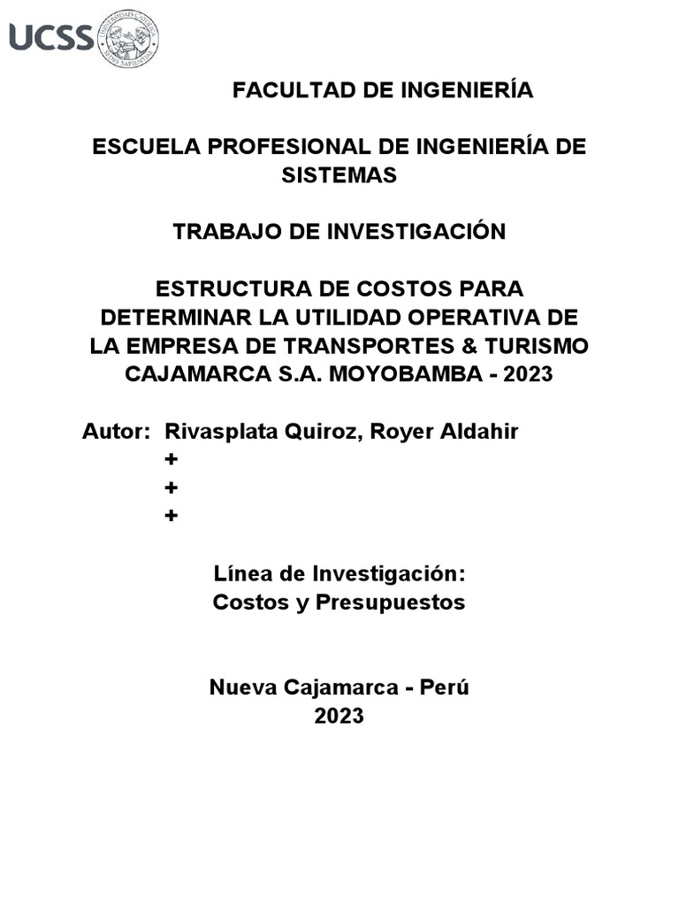 Estructura de Costos para Determinar La Utilidad Operativa de La ...