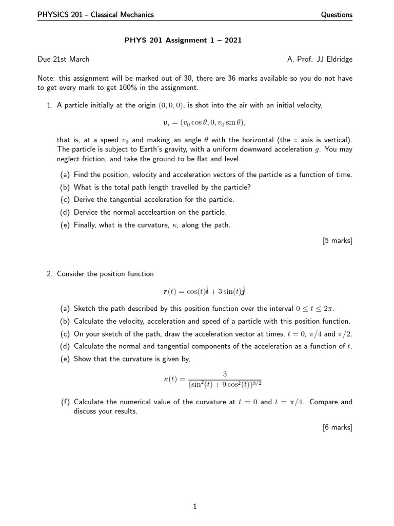 201 Assignment 1 Pdf Acceleration Orbit 