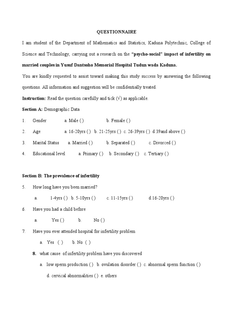 Questionaire | Download Free PDF | Infertility | Behavioural Sciences