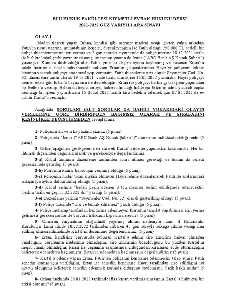 Kıymetli Evrak 2021-22 Güz Arasınavı | PDF