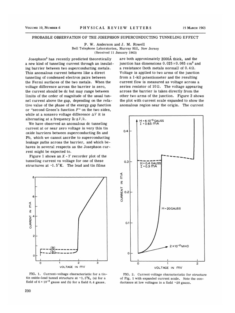 Probable Observation of The Josephson Superconducting Tunneling Effect | PDF | Quantum ...