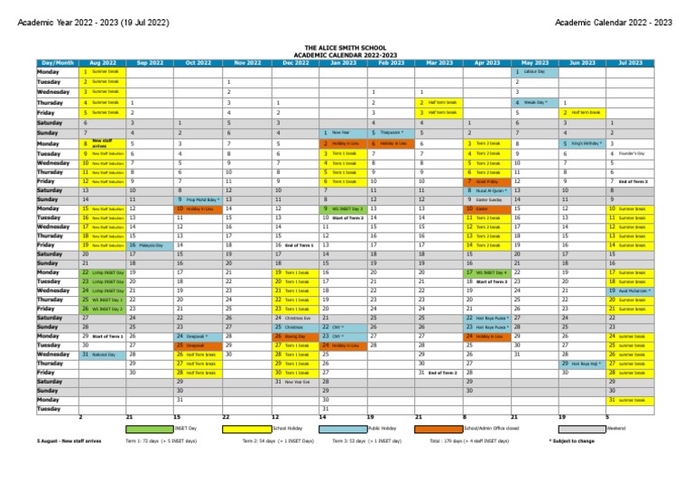 Alice Smith School Calendar 2022-2023 | PDF | Academic Term | Workweek ...