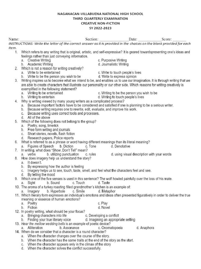 Creative Non-Fiction 3rd Quarter Exam | PDF