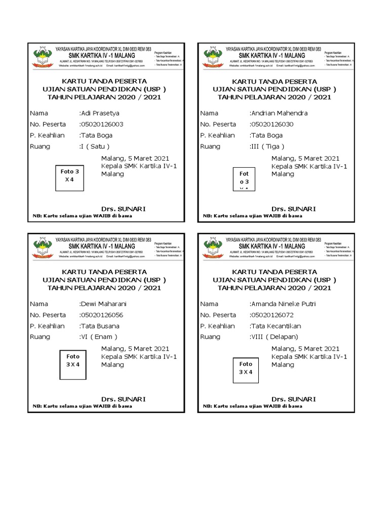 kartu tanda peserta USP | PDF