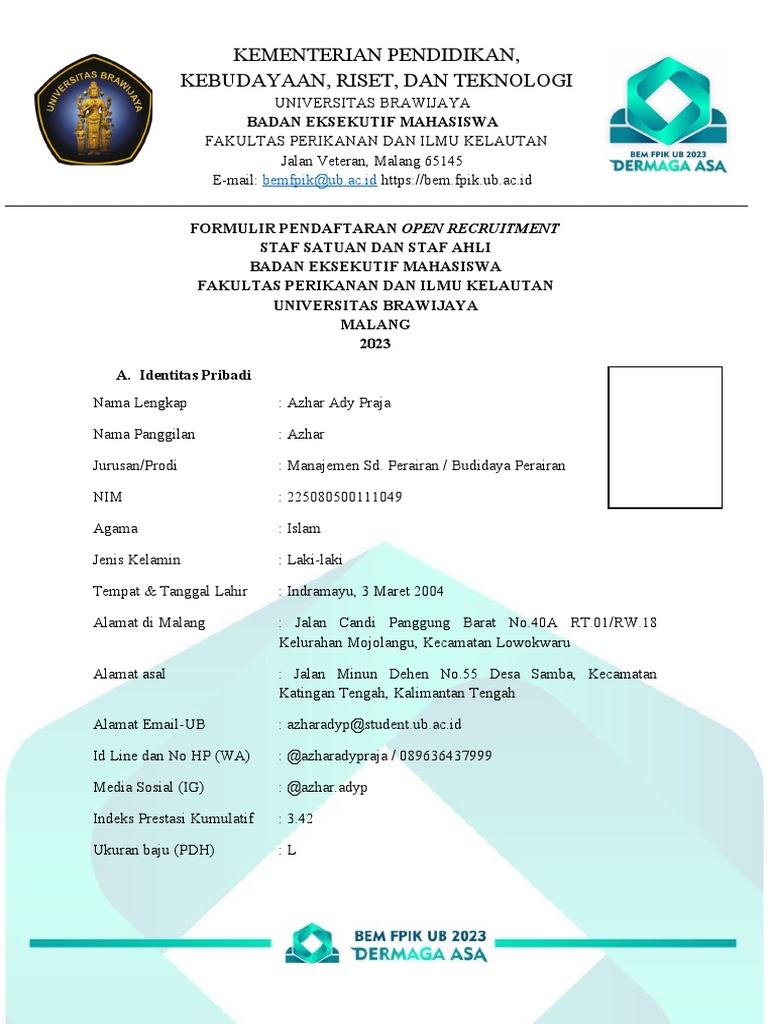 Formulir Pendaftaran Oprec Staff Satuan Dan Staf Ahli Bem Fpik Ub 2023 ...