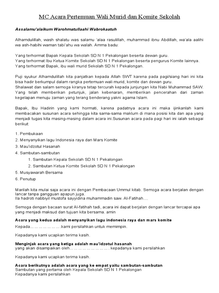 MC Acara Pertemuan Wali Murid Dan Komite Sekolah | PDF | Karier & Perkembangan | Kajian Bahasa Asing