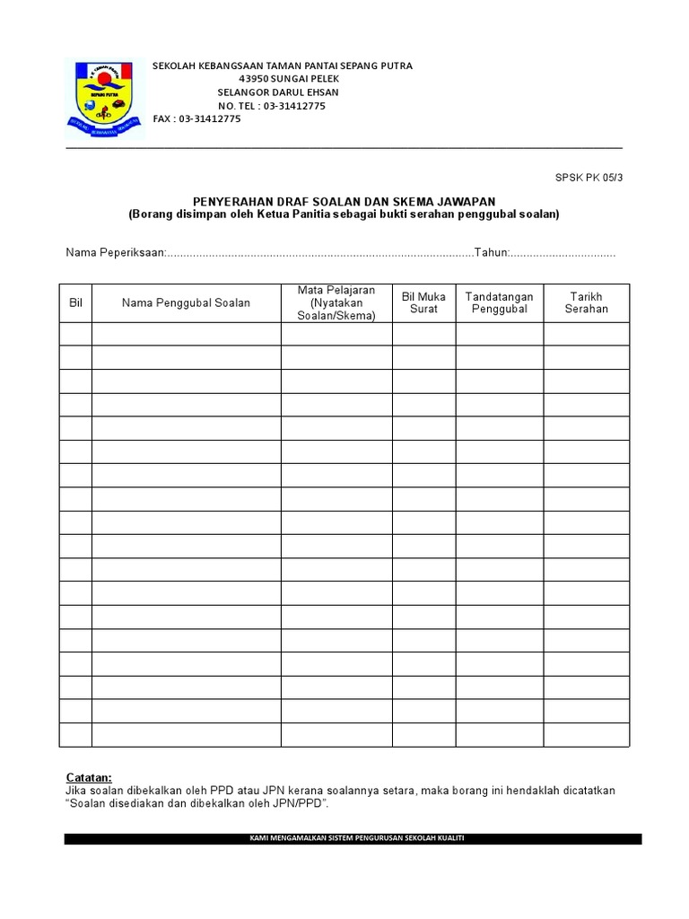 Borang PK05 3 PENYERAHAN DRAF SOALAN DAN SKEMA JAWAPAN | PDF