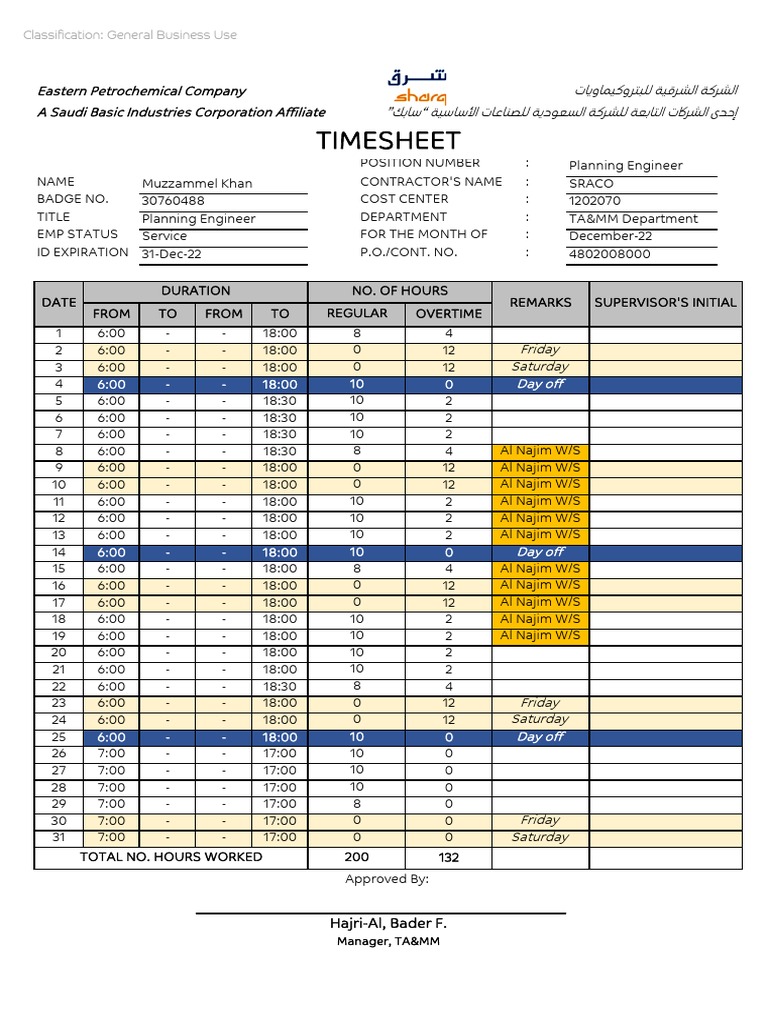 Time Sheet For Dec 2022-3 | PDF