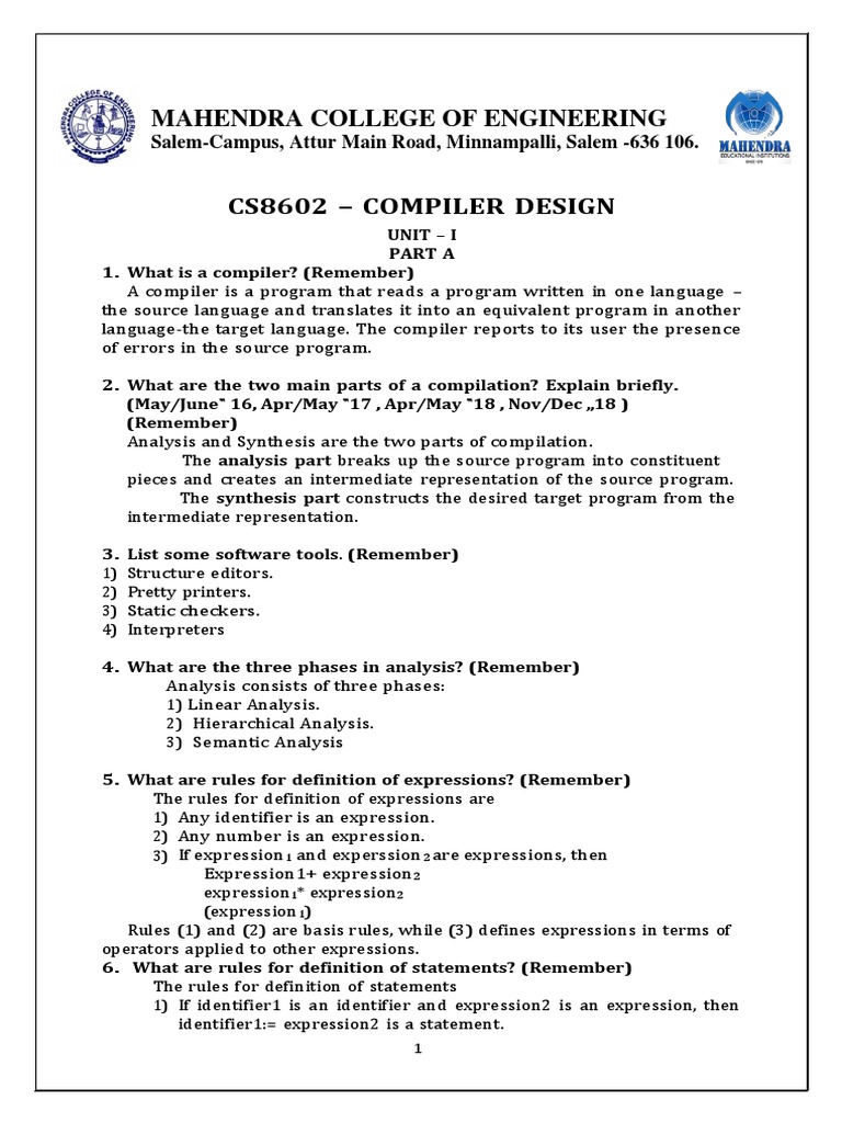 CD Question Bank | PDF | Parsing | Compiler