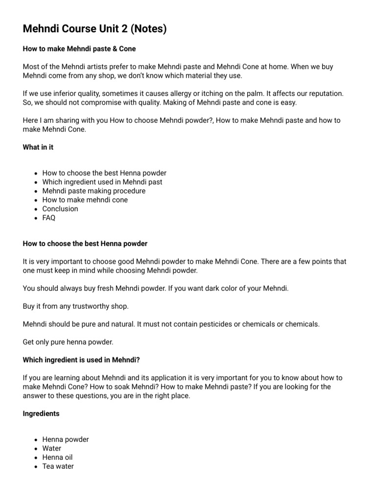 Mehndi Course Unit 2 (Notes) | PDF