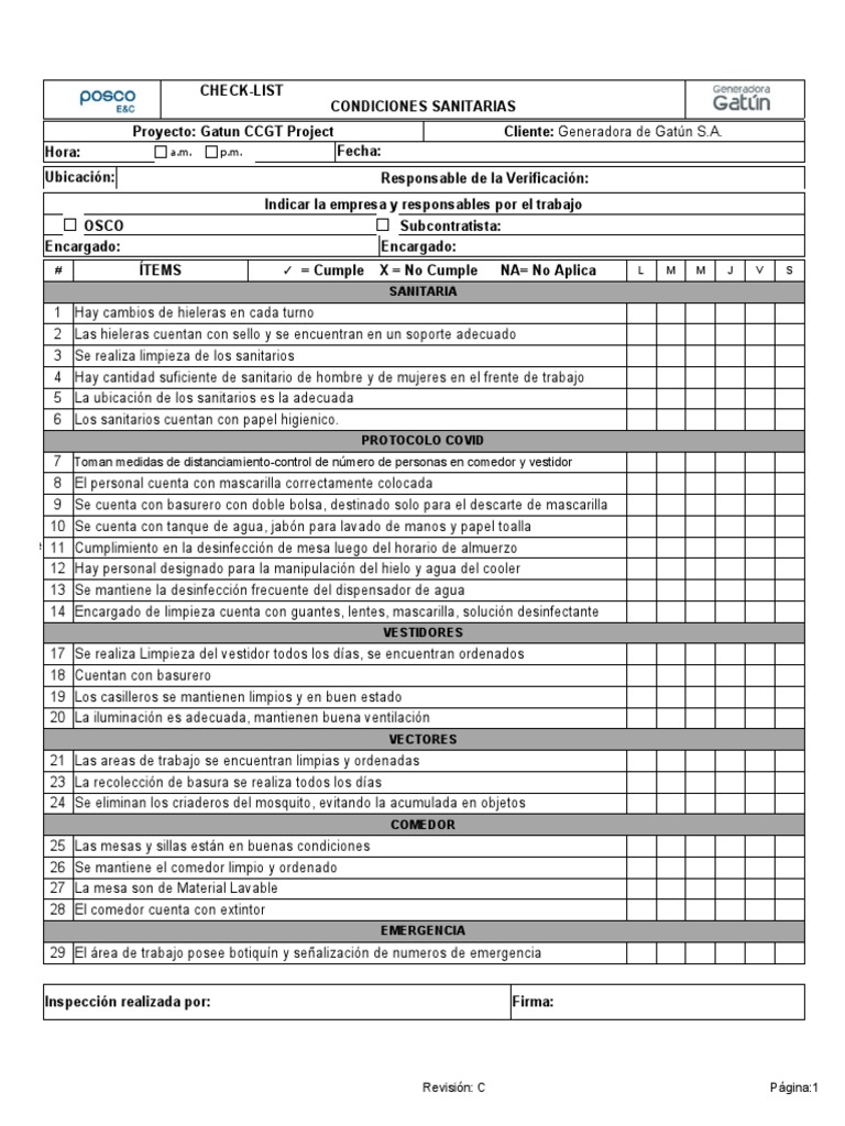 CHECK LIST - Inspecciones Sanitarias | PDF