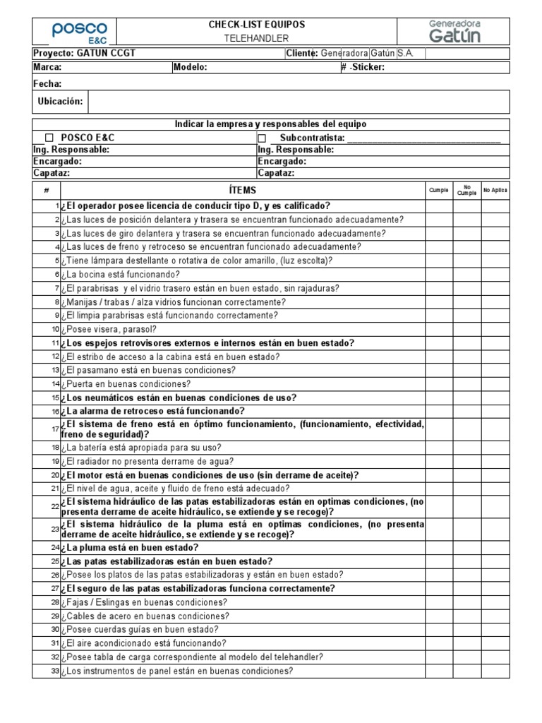 CHECK LIST - Telehandler | Descargar gratis PDF | Bienes manufacturados ...