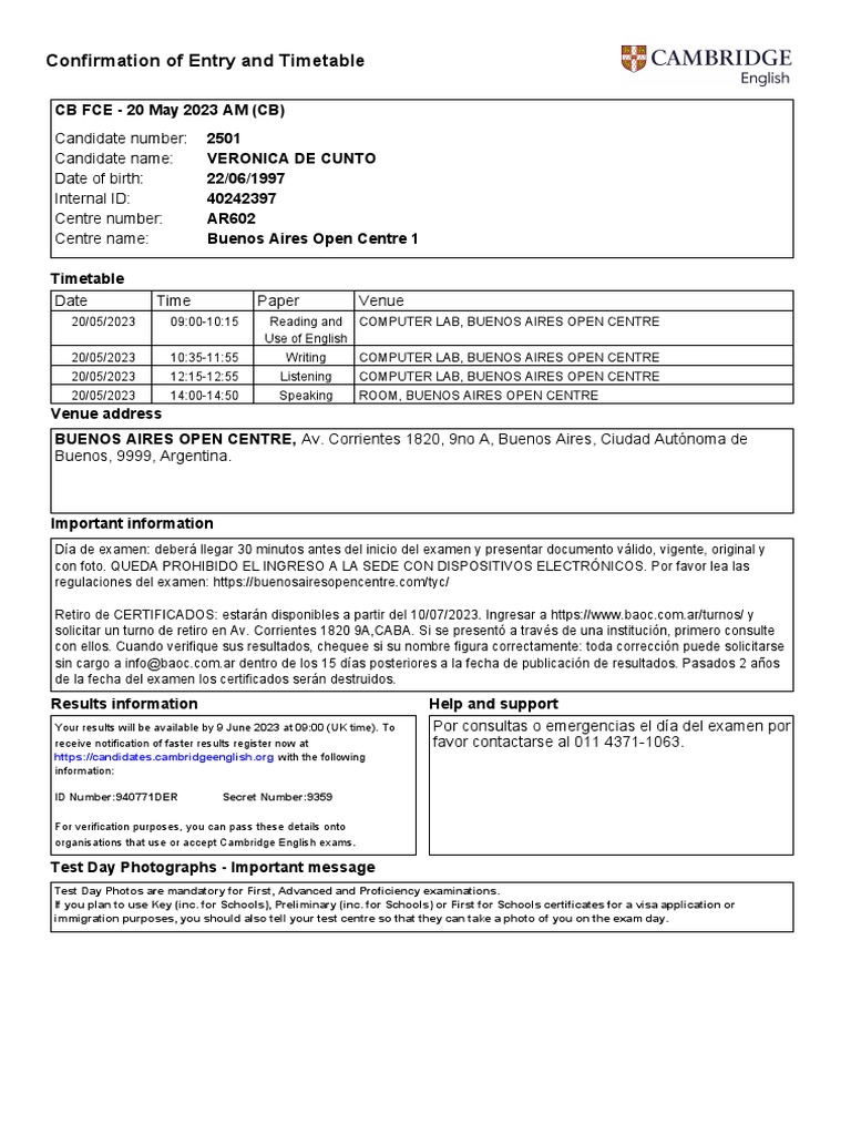 Confirmation of Entry and Timetable | PDF