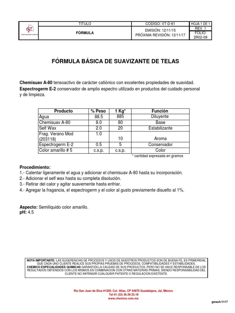 2R02 09 Fórmula Básica de Suavizante de Telas | PDF | Materiales | Química