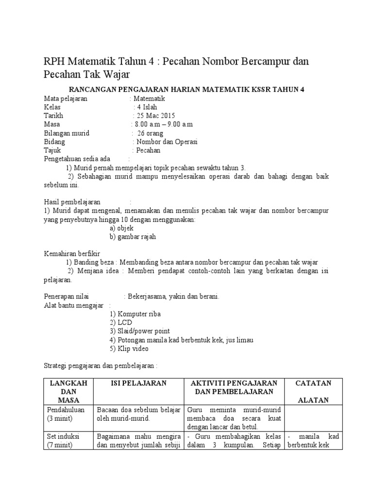 RPH Matematik Tahun 4 | PDF