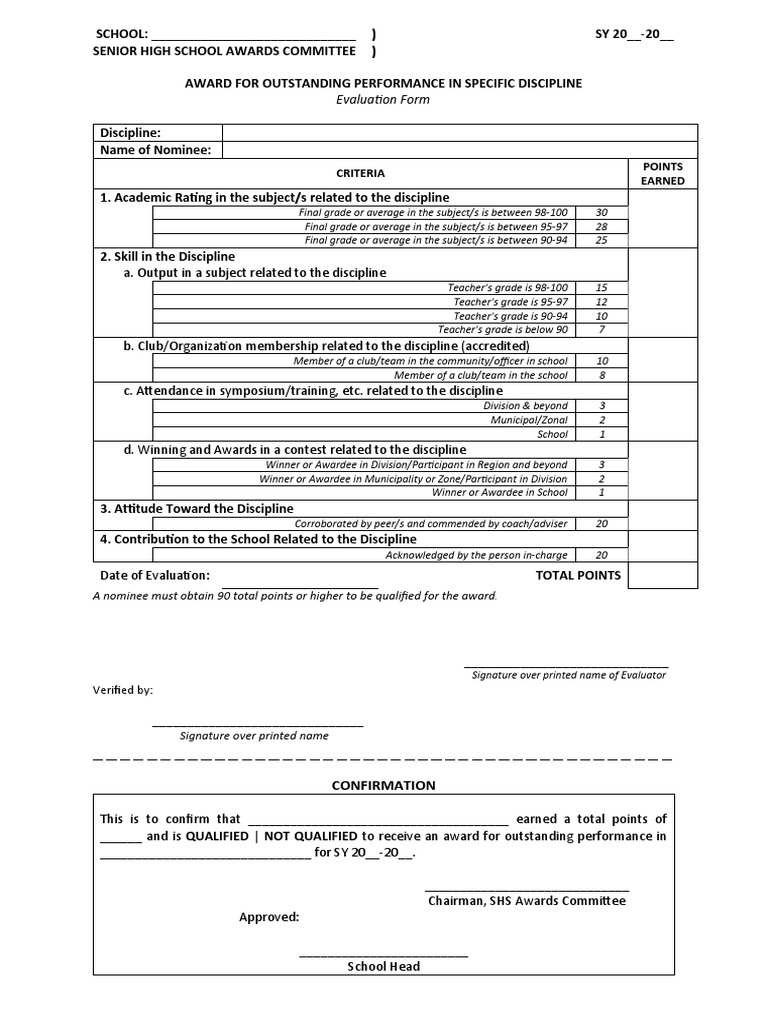 Evaluation Form For Award For Specific Disciplines 1 | PDF | Teachers ...