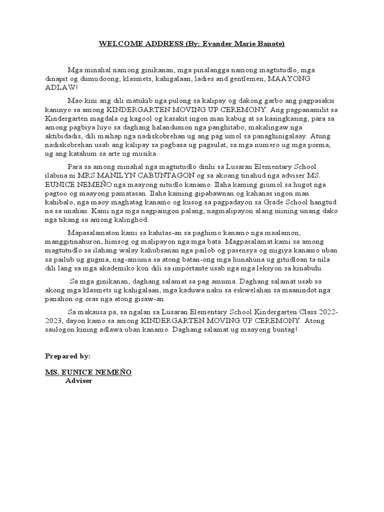 WELCOME ADDRESS For MOVING UP | PDF