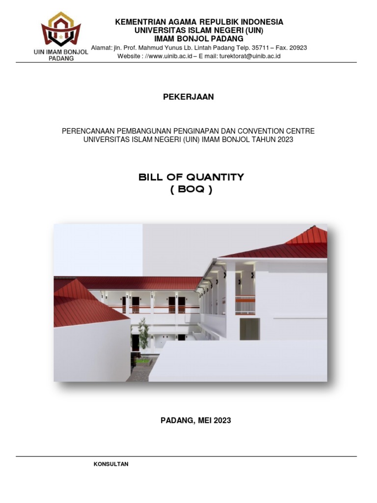 Boq Perencanaan Pembangunan Penginapan Dan Convention Centre Uin Ib Padang | PDF