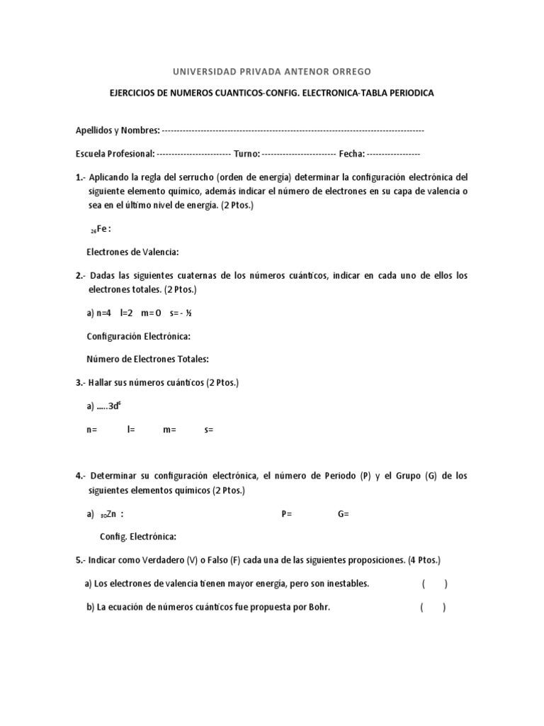 Ejerc Numeros Cuanticos Tab Periodica | PDF | Métodos y materiales de ...