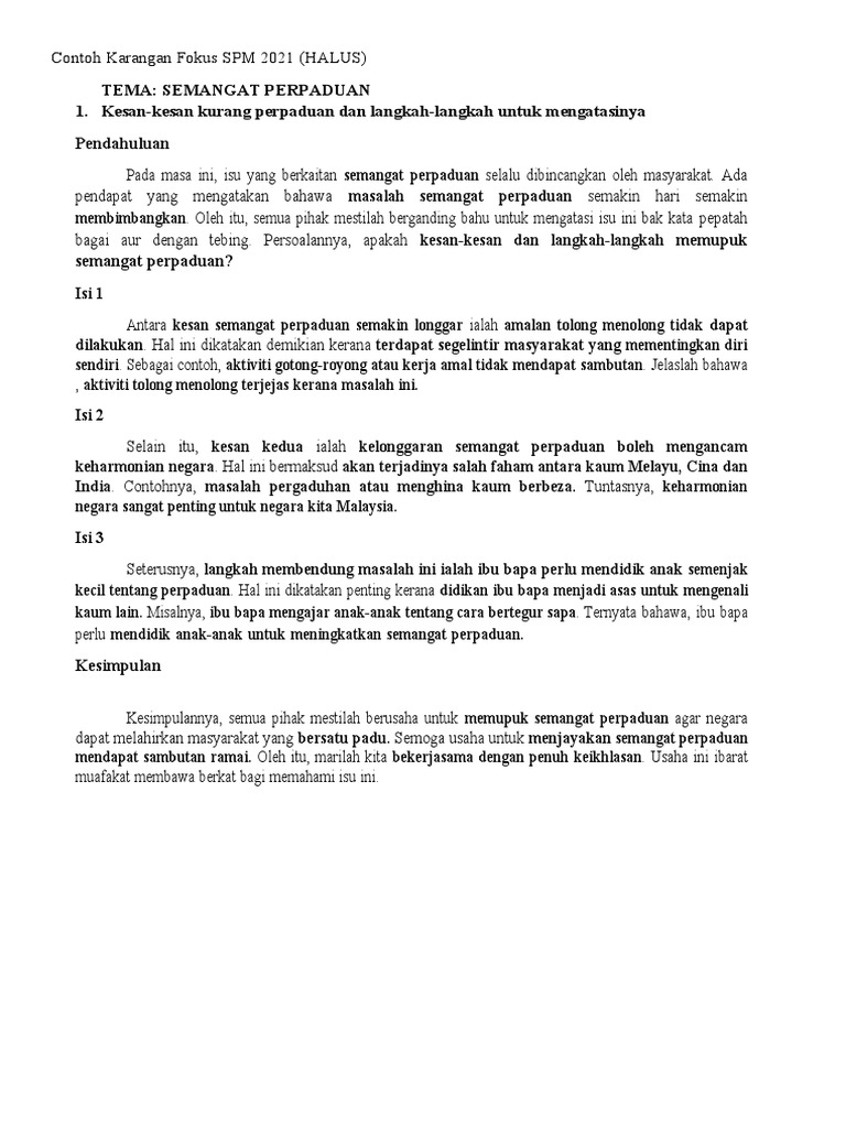 Contoh Karangan Fokus SPM 2022 | PDF