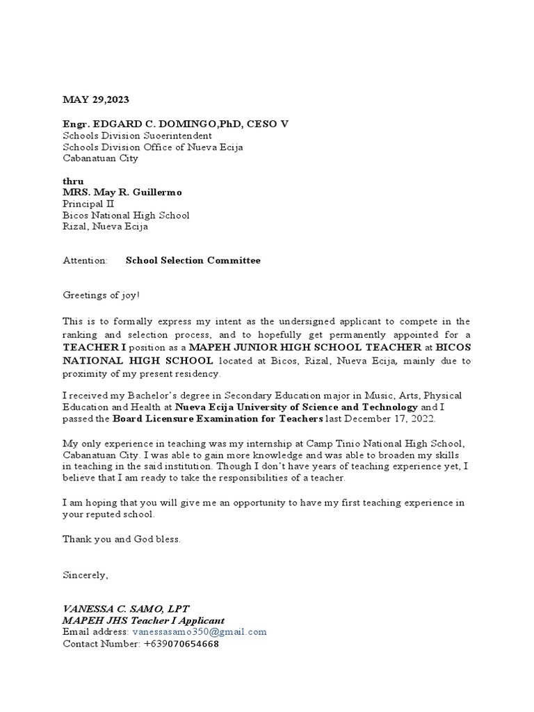 TEACHER_1_INTENT_LETTER VANESSA SAMO BICOS NATIONAL HIGH SCHOOL JUNIOR ...