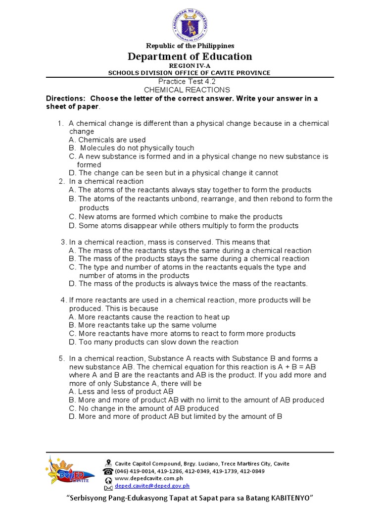 Chemical Reaction Practice Test 4.2 | PDF | Chemical Reactions | Chemistry