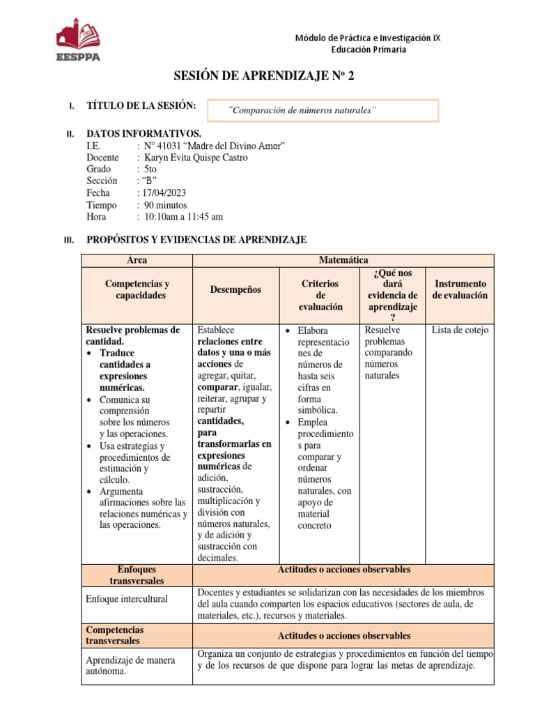 Sesión de Aprendizaje #1 - Comparación de Los Números Naturales | Descargar gratis PDF | Plan de ...