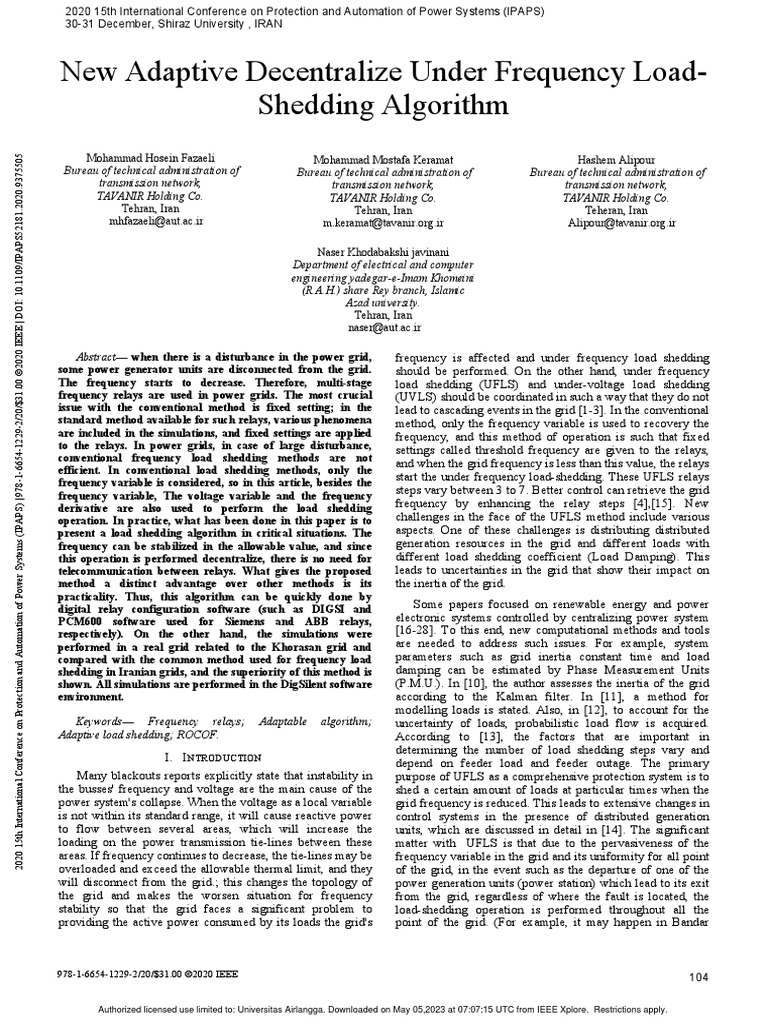 New Adaptive Decentralize Under Frequency Load-Shedding Algorithm | PDF | Electrical Grid ...
