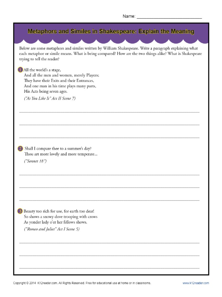 Metaphors and Similes in Shakespeare - Explain The Meaning | PDF