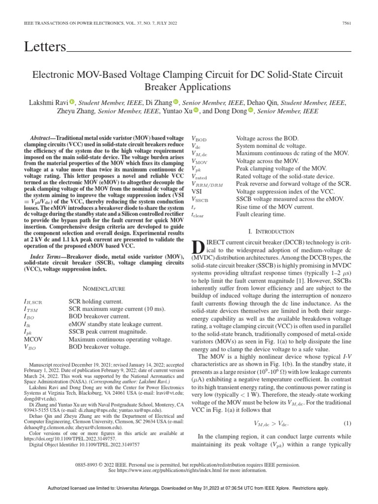 Electronic MOV-Based Voltage Clamping Circuit For DC Solid-State ...