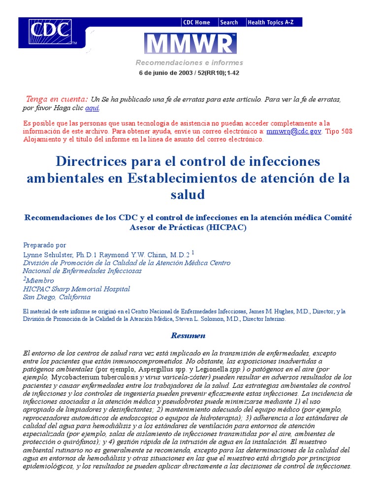 Pautas para El Control de Infecciones Ambientales en Centros de ...