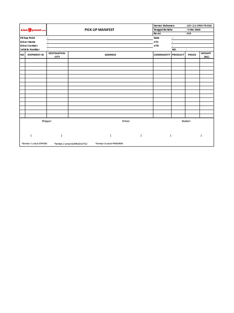 Form Pick Up Kurir POS - XLSX - Sheet1 | PDF