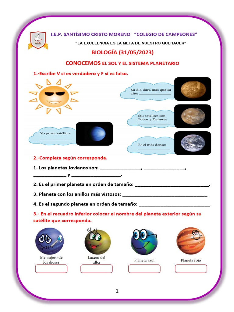 Ficha El Sol y El Sistema Planetario | PDF