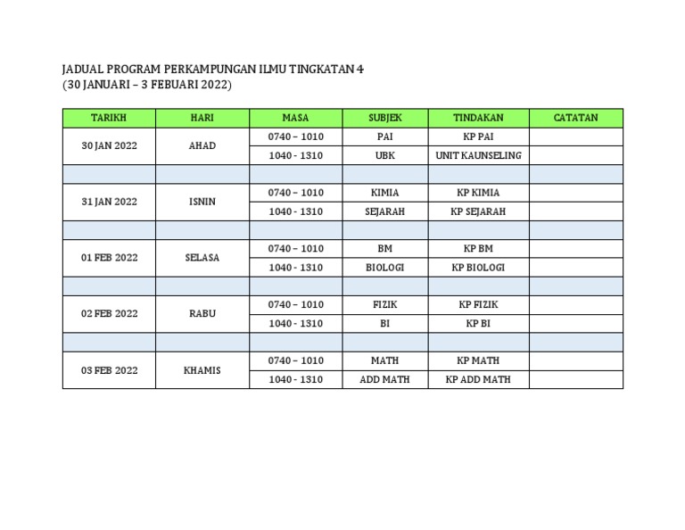 Jadual Program Perkampungan Ilmu Tingkatan 4 2022 Cny | PDF