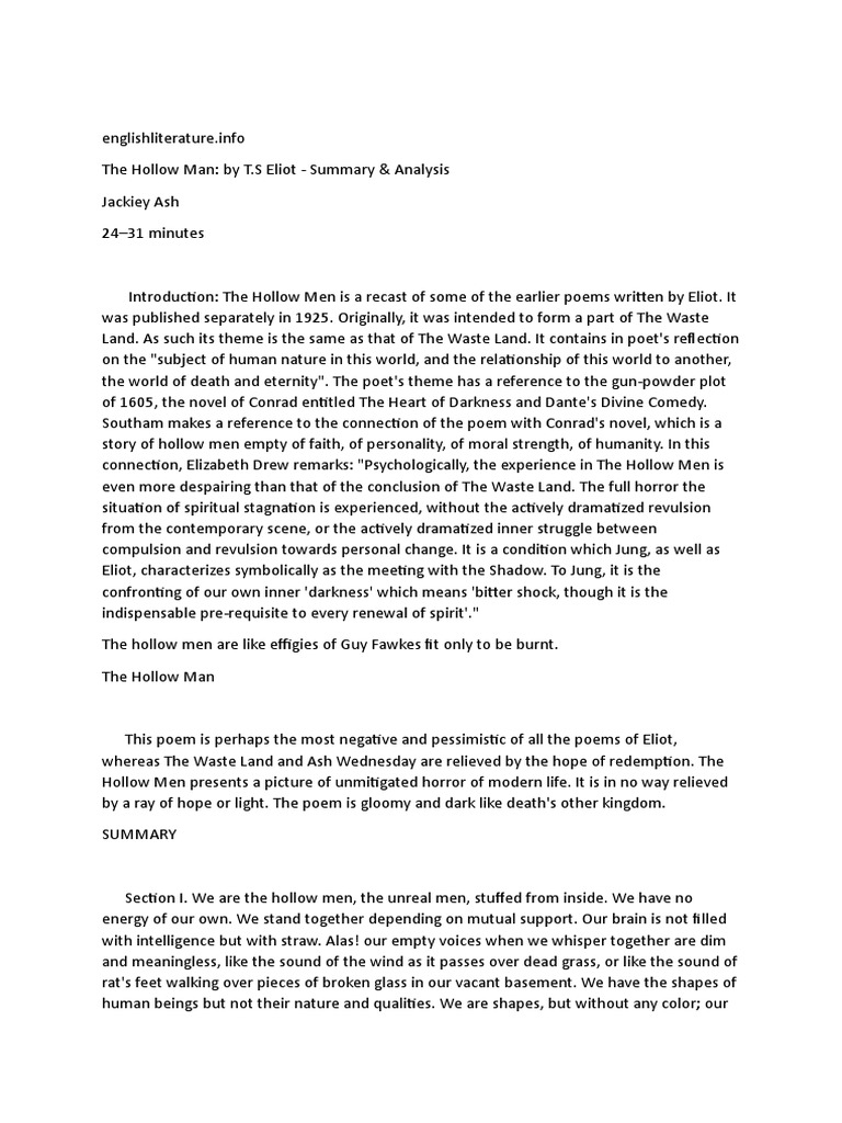 Hollow Men by TS Elliot | PDF | T. S. Eliot | Heart Of Darkness