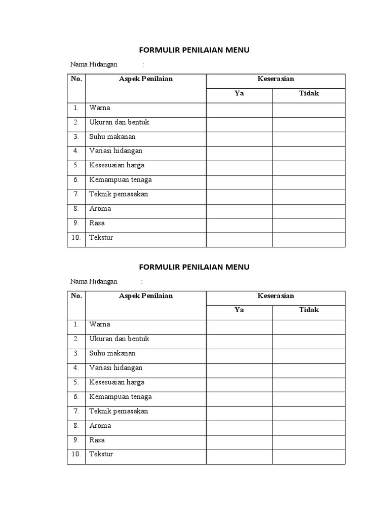 Formulir Penilaian Menu | PDF