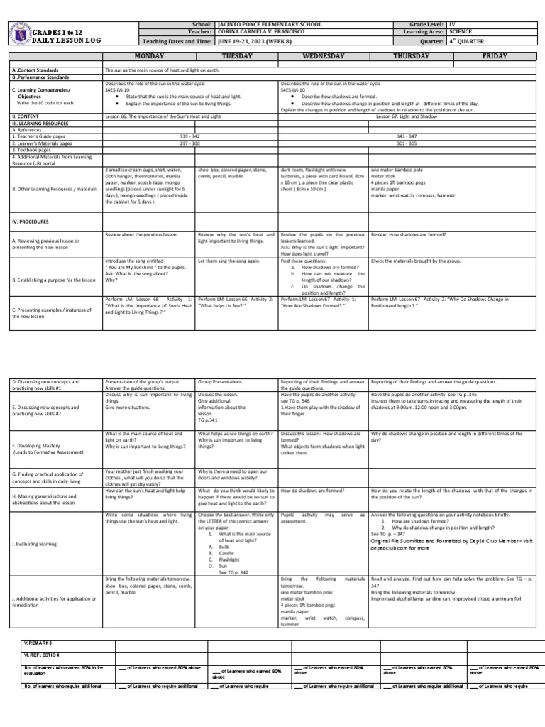 DLL - Science 4 - Q4 - W8 | PDF | Shadow | Differentiated Instruction