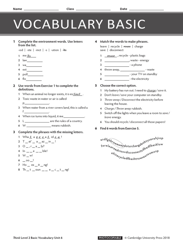 Think - l2 - Unit 6 - Vocabulary - Basic | PDF | Waste | Materials