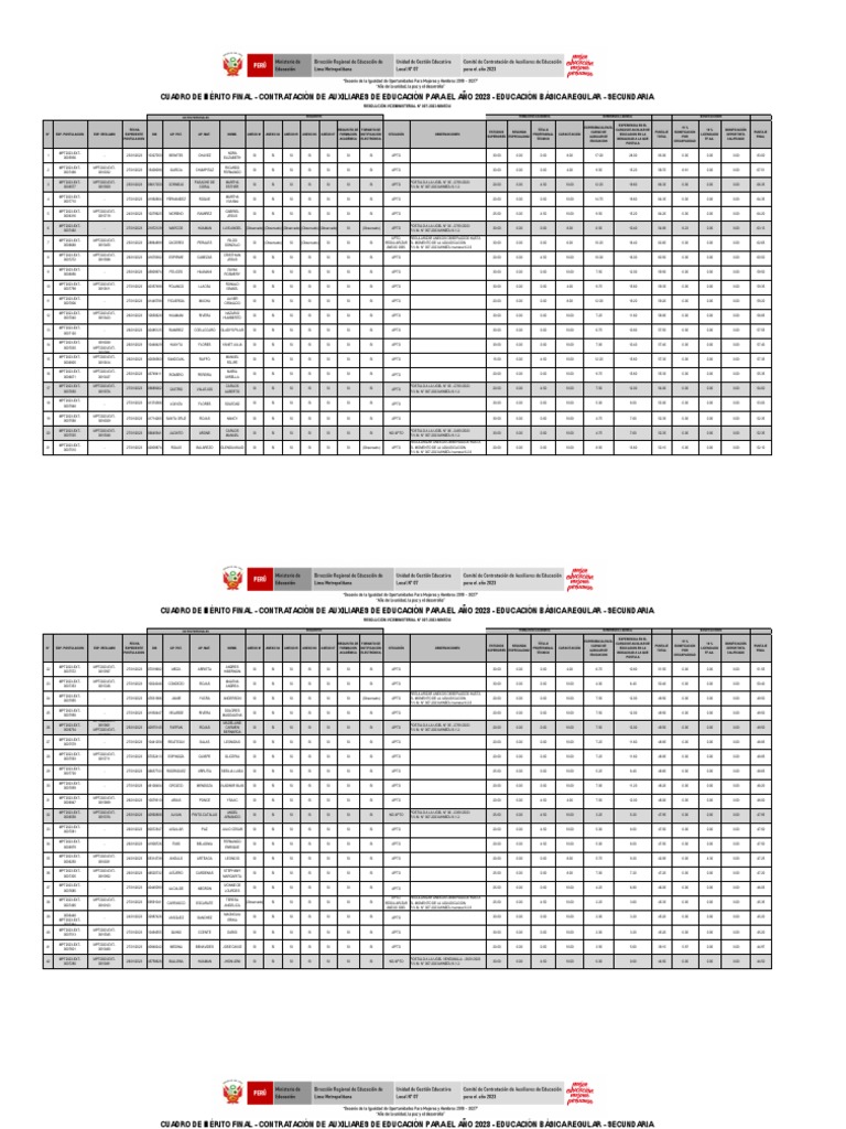 Cuadro de Merito Final Auxiliares Educacion Ebr Secundaria | PDF