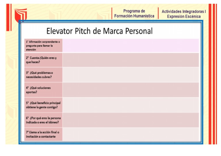 Plantilla de Los 7 Pasos Del Elevator Pitch | PDF