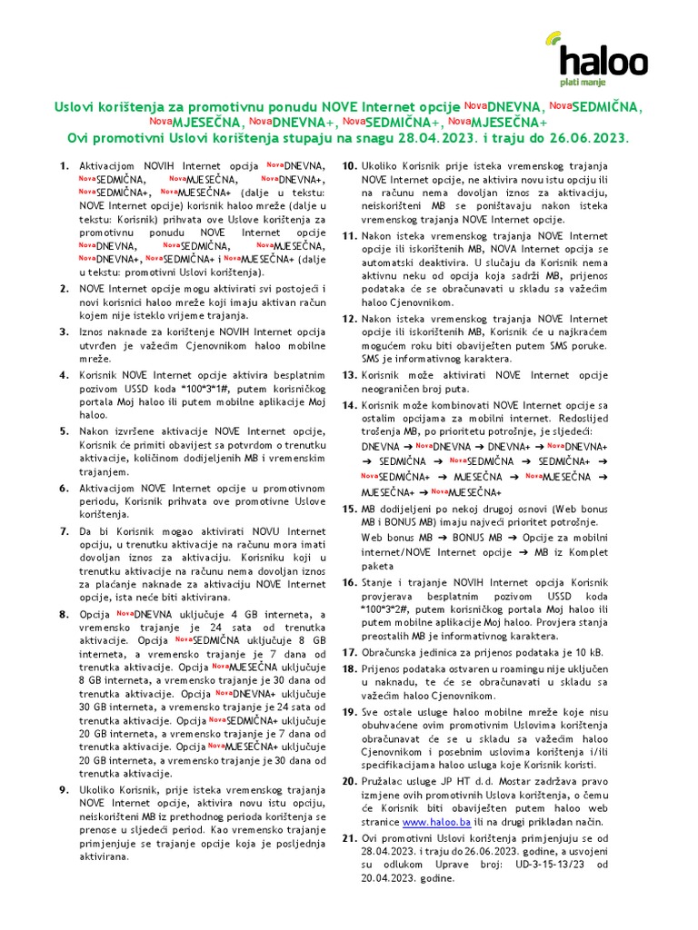 Promotivni Uslovi Koristenja Nove Internet Opcije | PDF