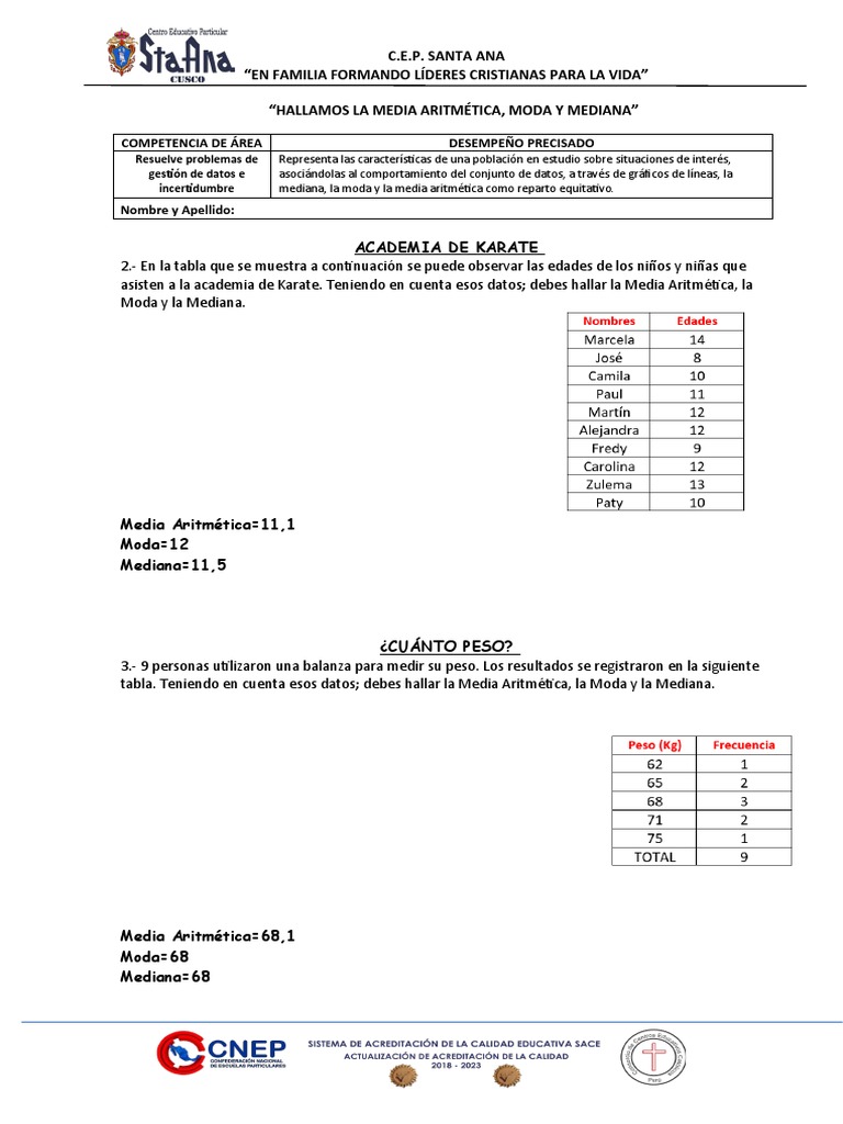 Hallamos La Media Aritmética, Moda y Mediana. | PDF