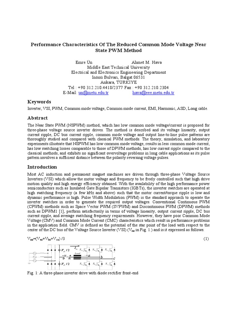 2007 Performance Characteristics Of The Reduced Common Mode Voltage Near State Pwm Method 